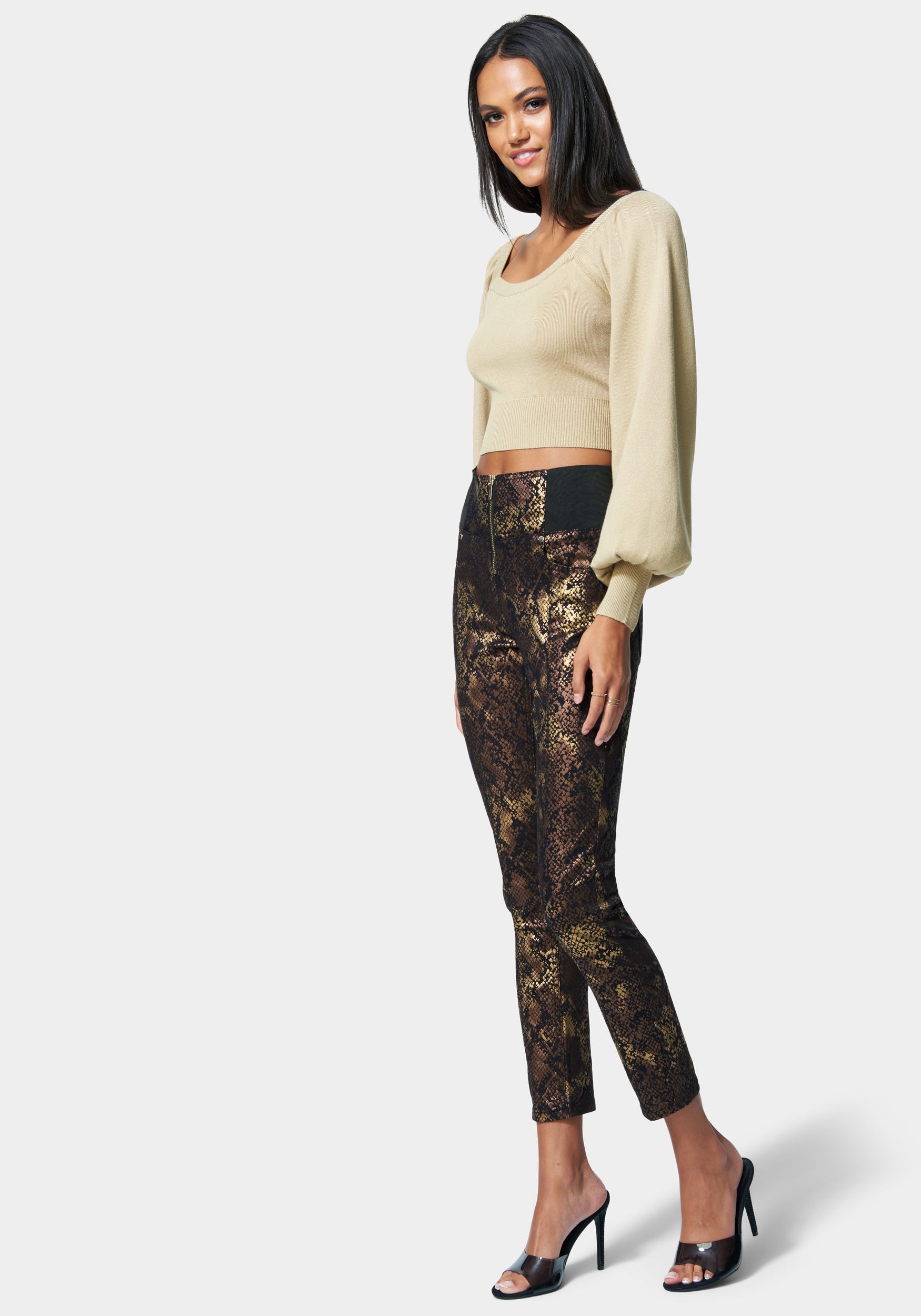 Foiled Print Zip Front Elastic Skinny Jean | bebe