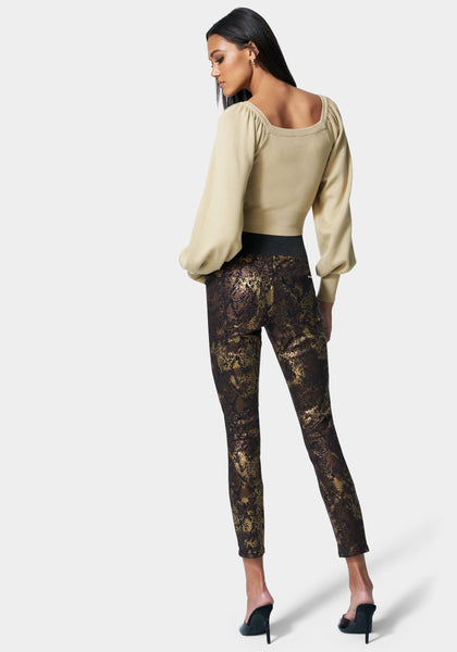 Foiled Print Zip Front Elastic Skinny Jean | bebe