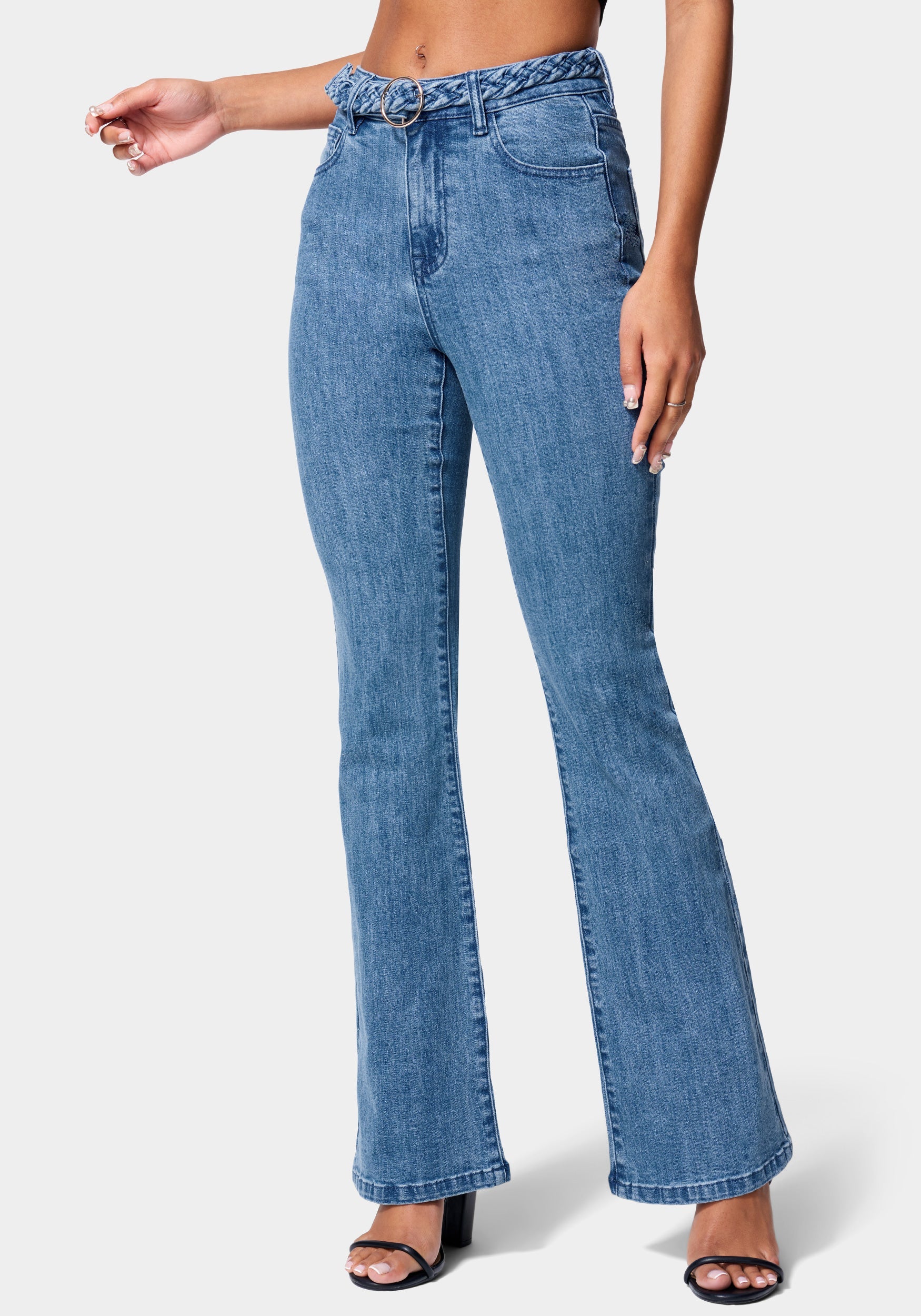 Braided Belt Flared Denim Jean | bebe