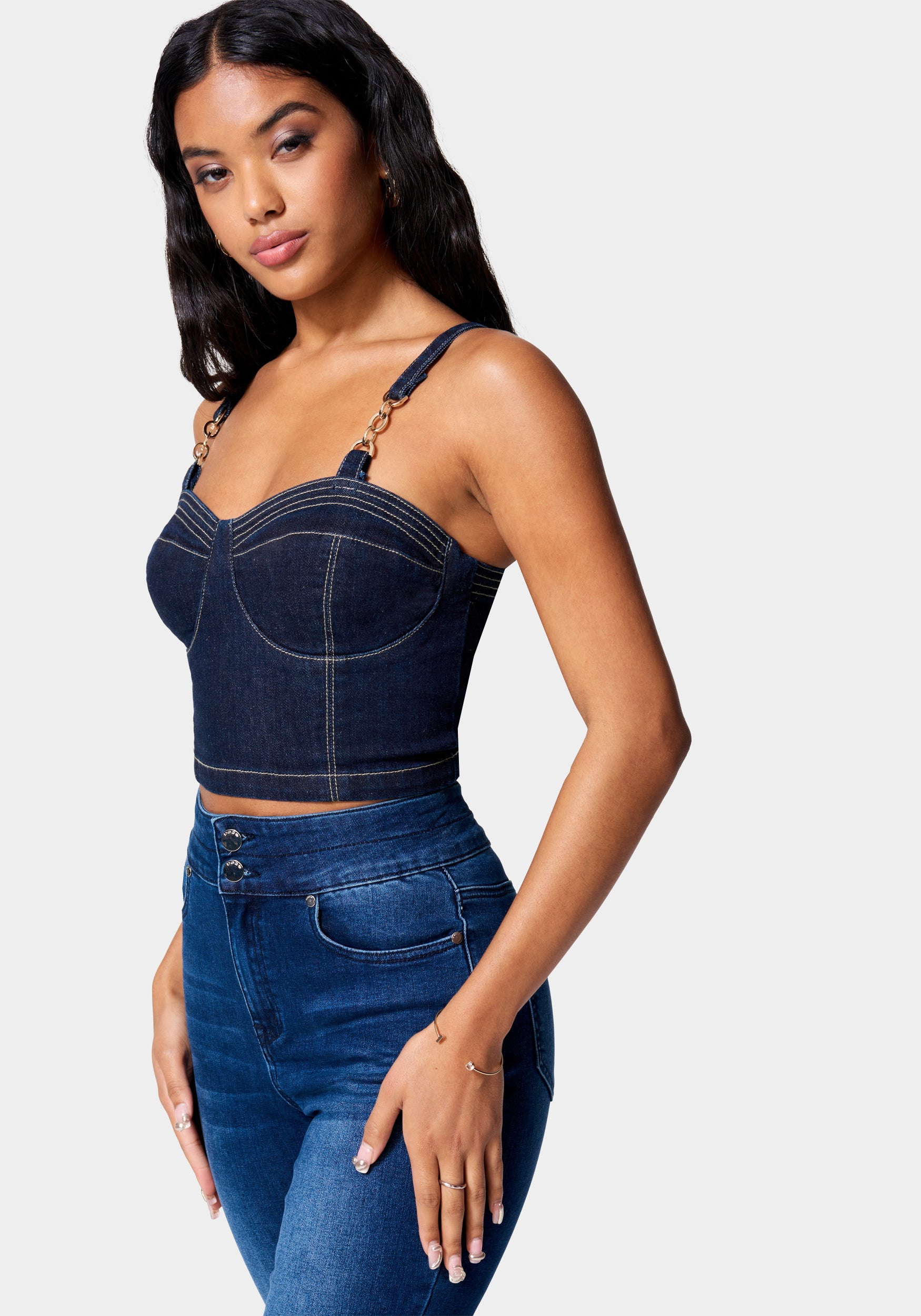 Buckle Strap Denim Bustier | bebe