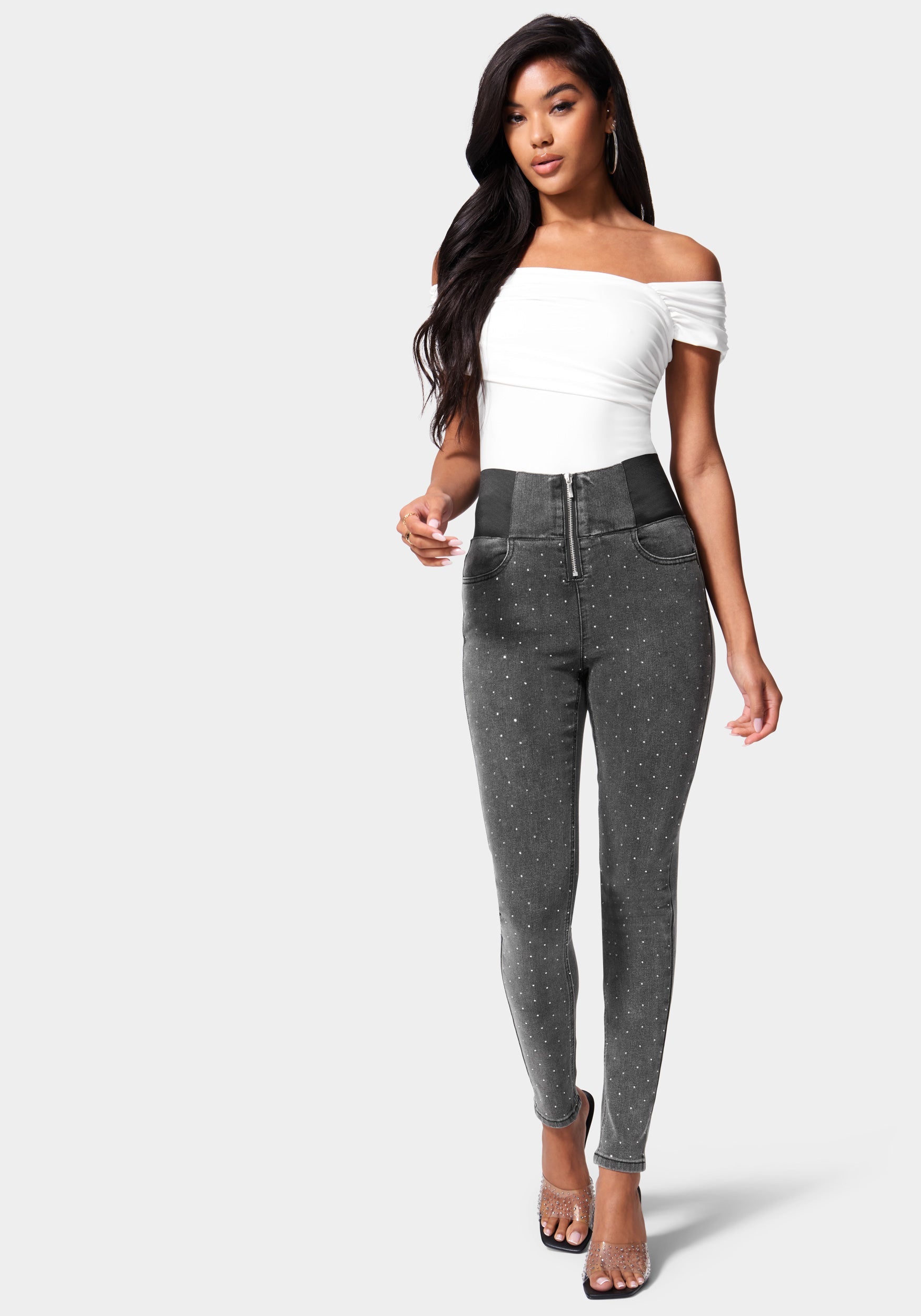 Embellished Elastic Waist Skinny Jean | bebe
