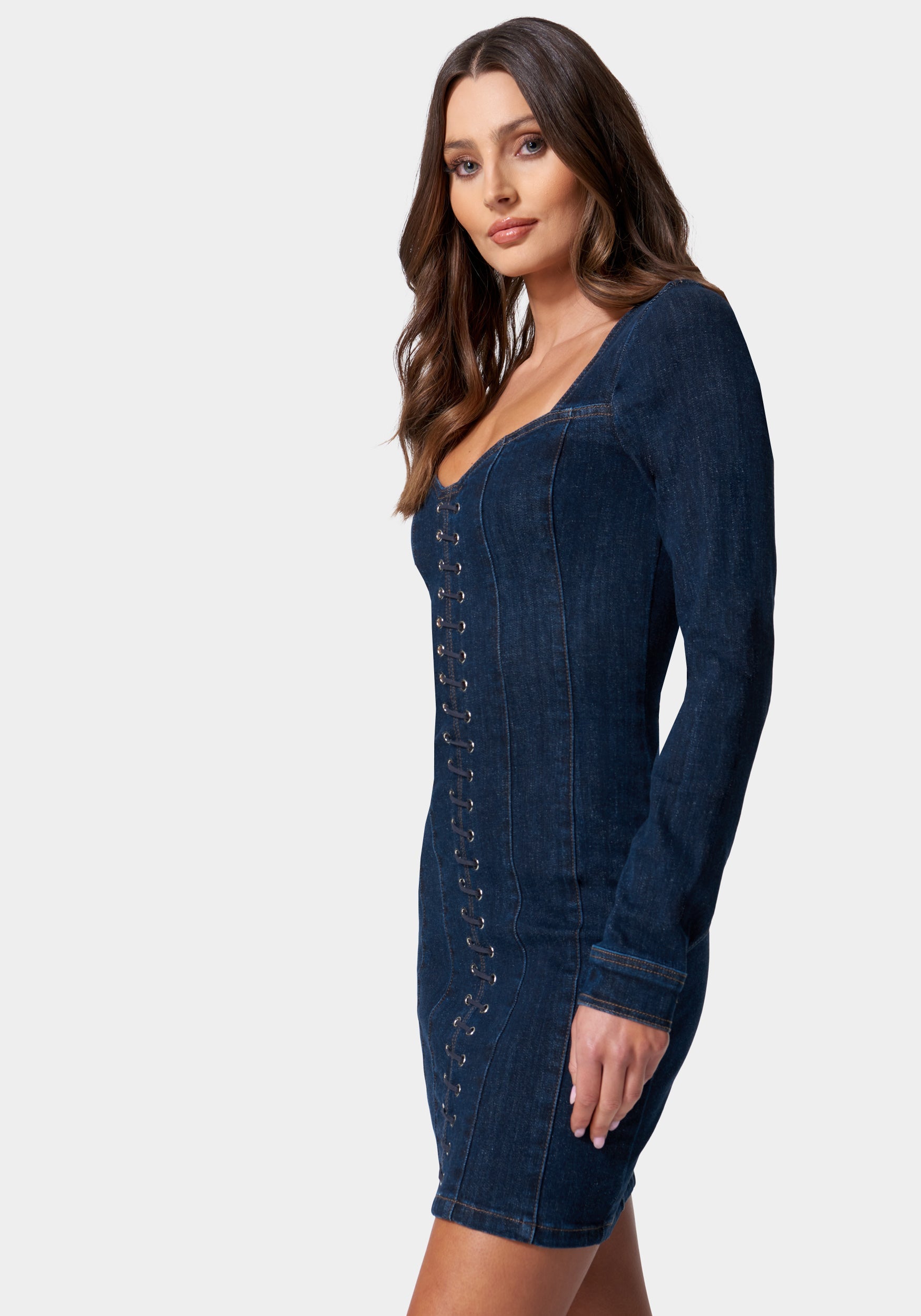Eyelet Detail Denim Dress | bebe