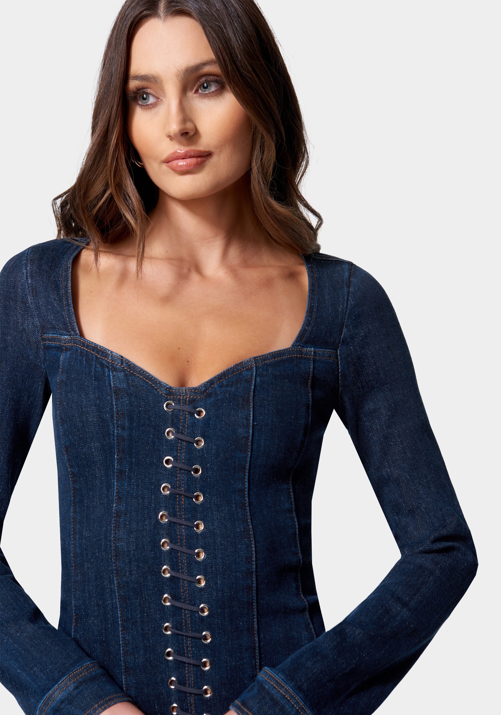 Eyelet Detail Denim Dress | bebe