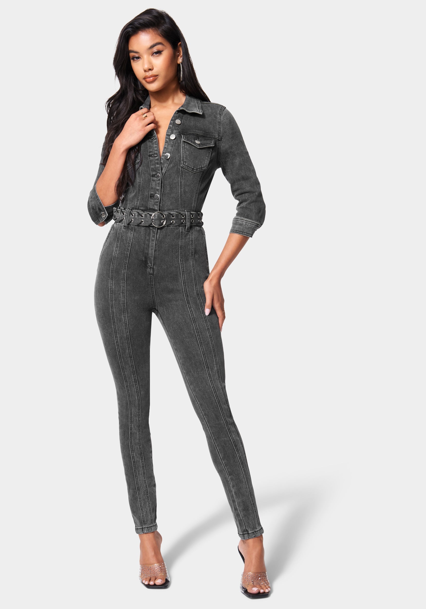 Button Down Belted Slim Denim Jumpsuit | bebe