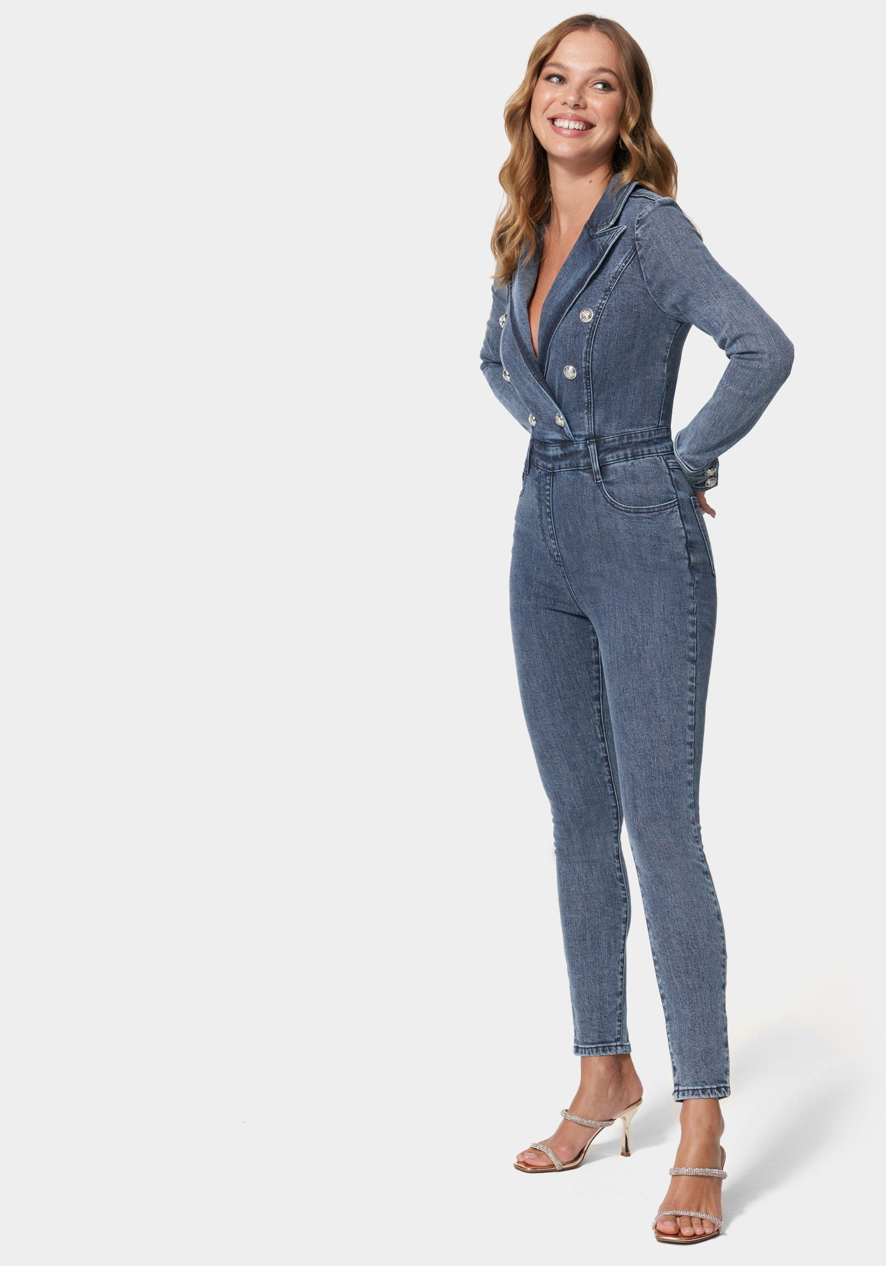 Double Breasted Skinny Leg Denim Jumpsuit | bebe