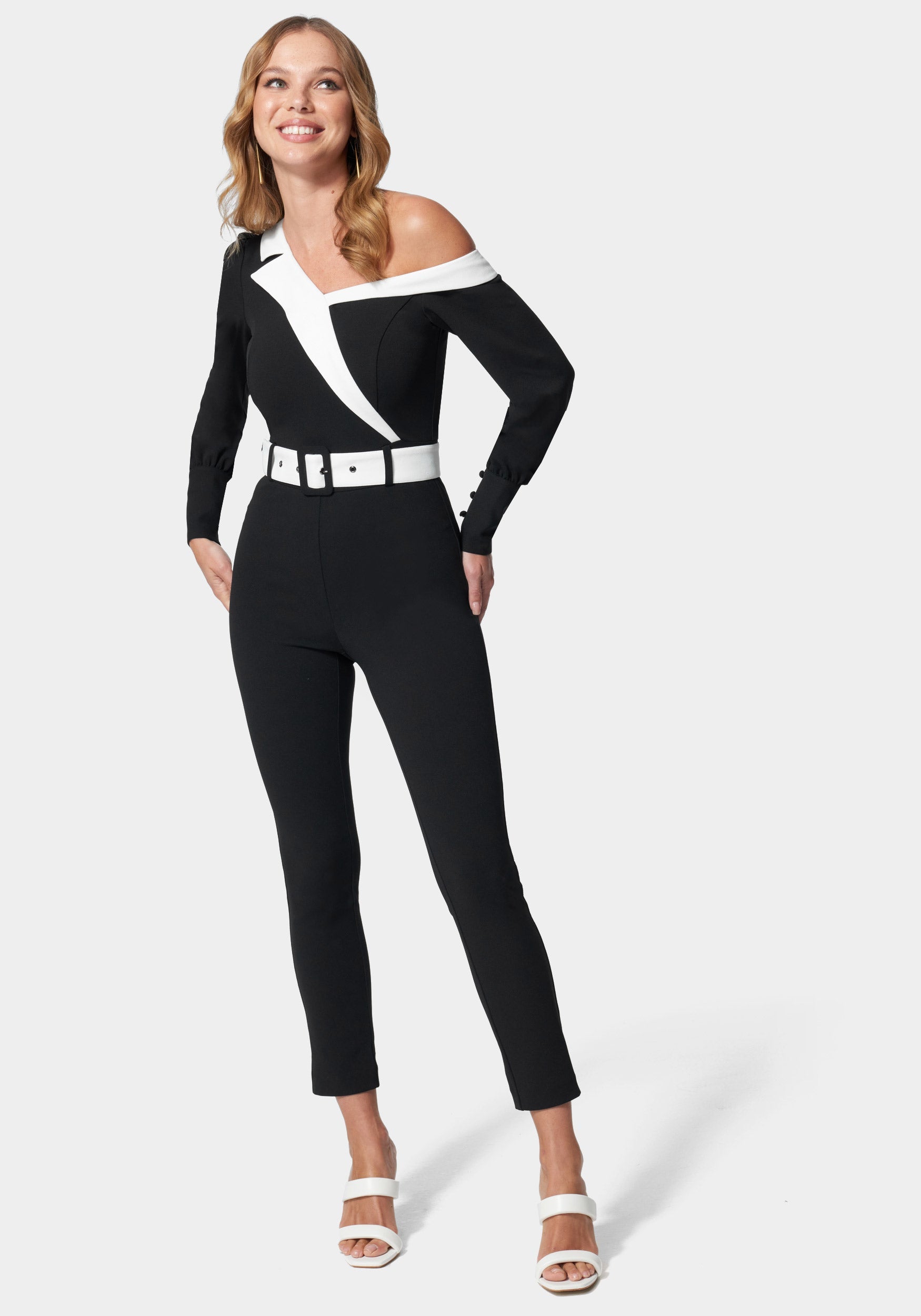 Asymmetric Tailored Colorblock Jumpsuit | bebe