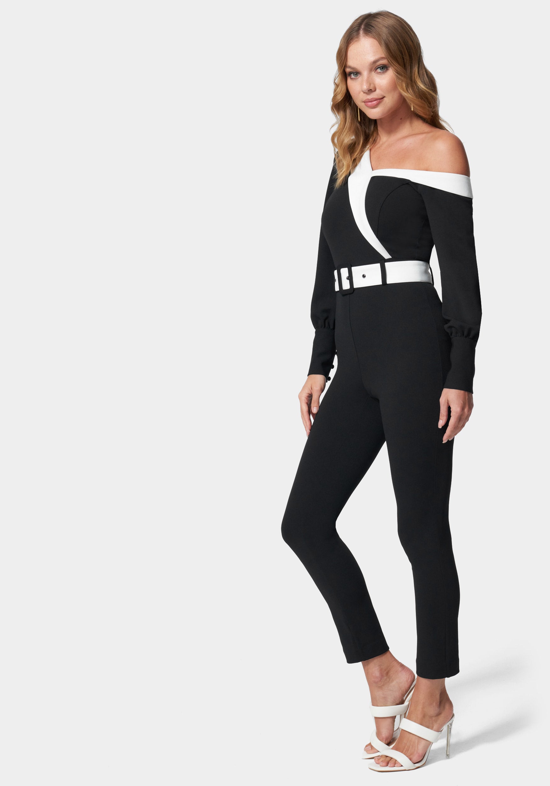 Asymmetric Tailored Colorblock Jumpsuit | bebe