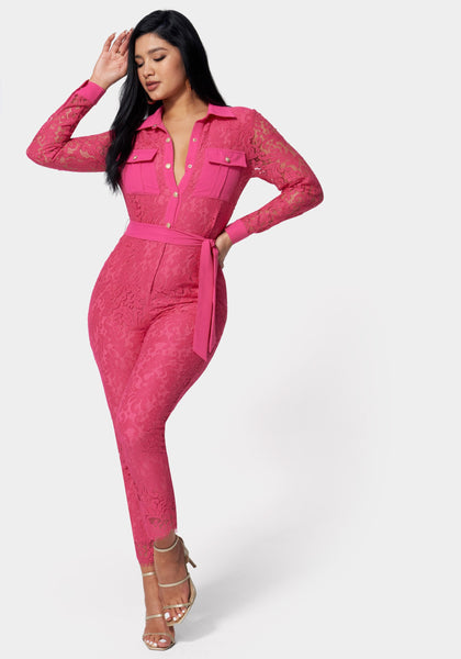 Lace Combo Belted Jumpsuit | bebe