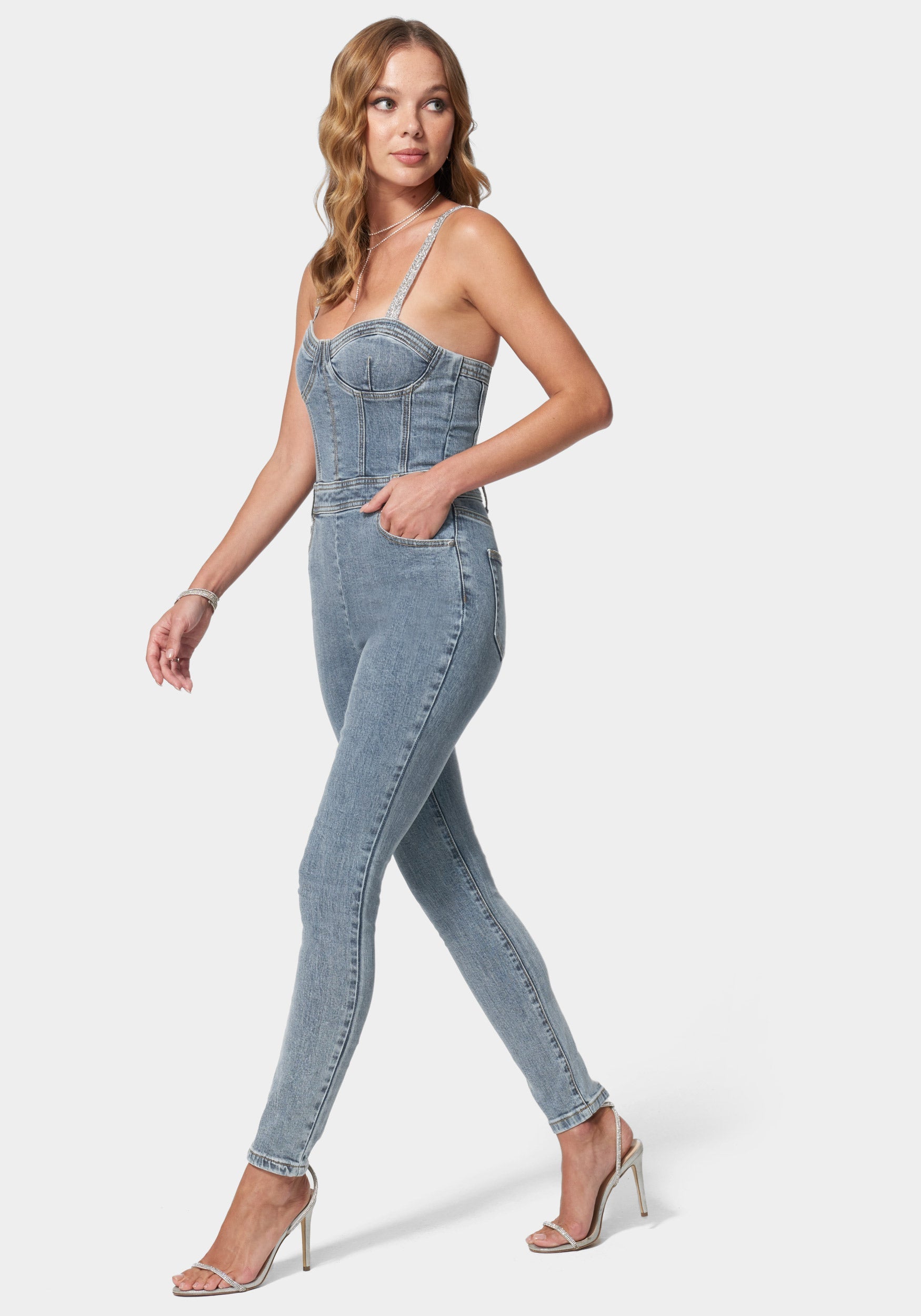 Denim Corset Top Skinny Leg Jumpsuit | bebe
