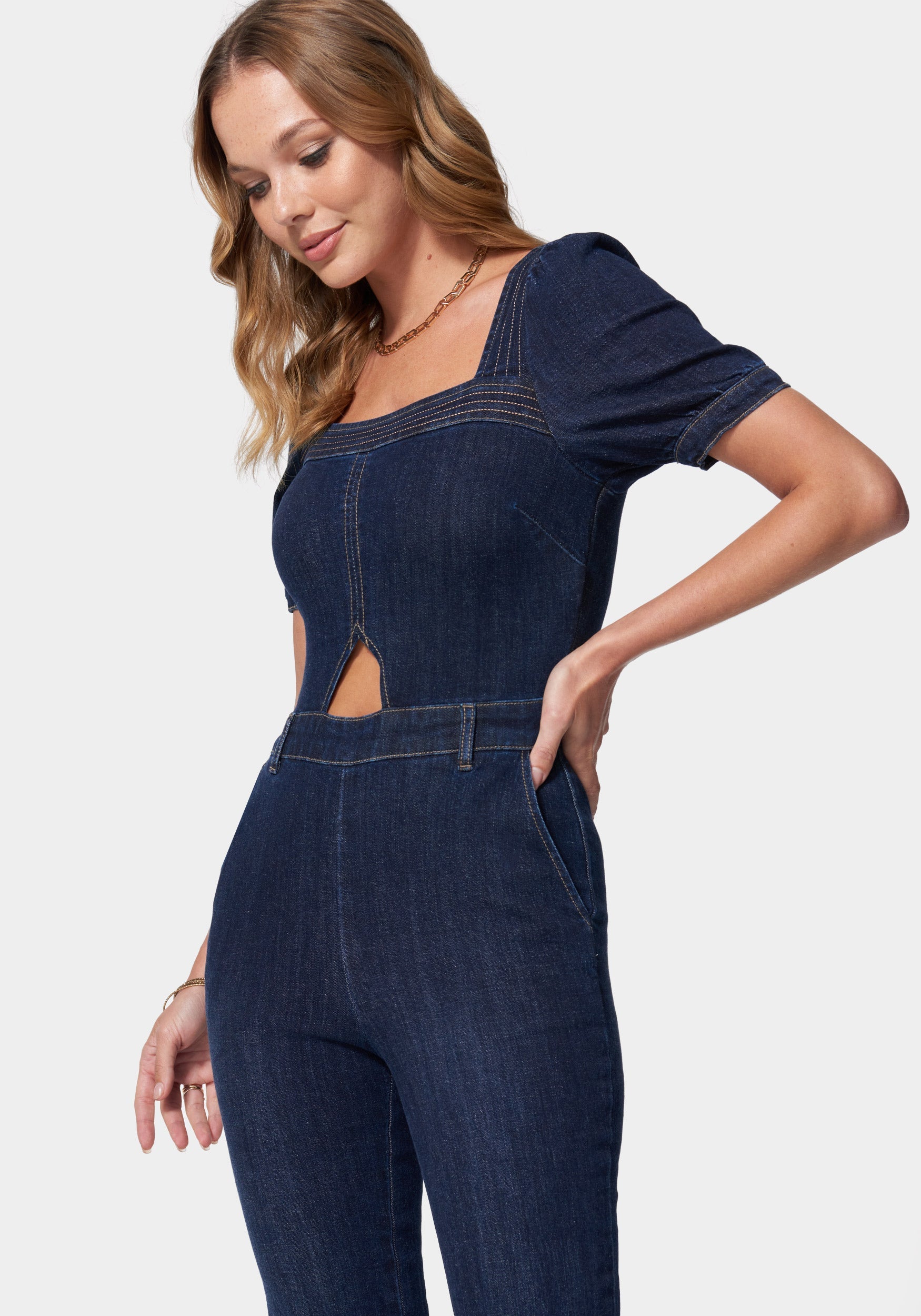 Denim Cut Out Detail Wide Leg Jumpsuit | bebe