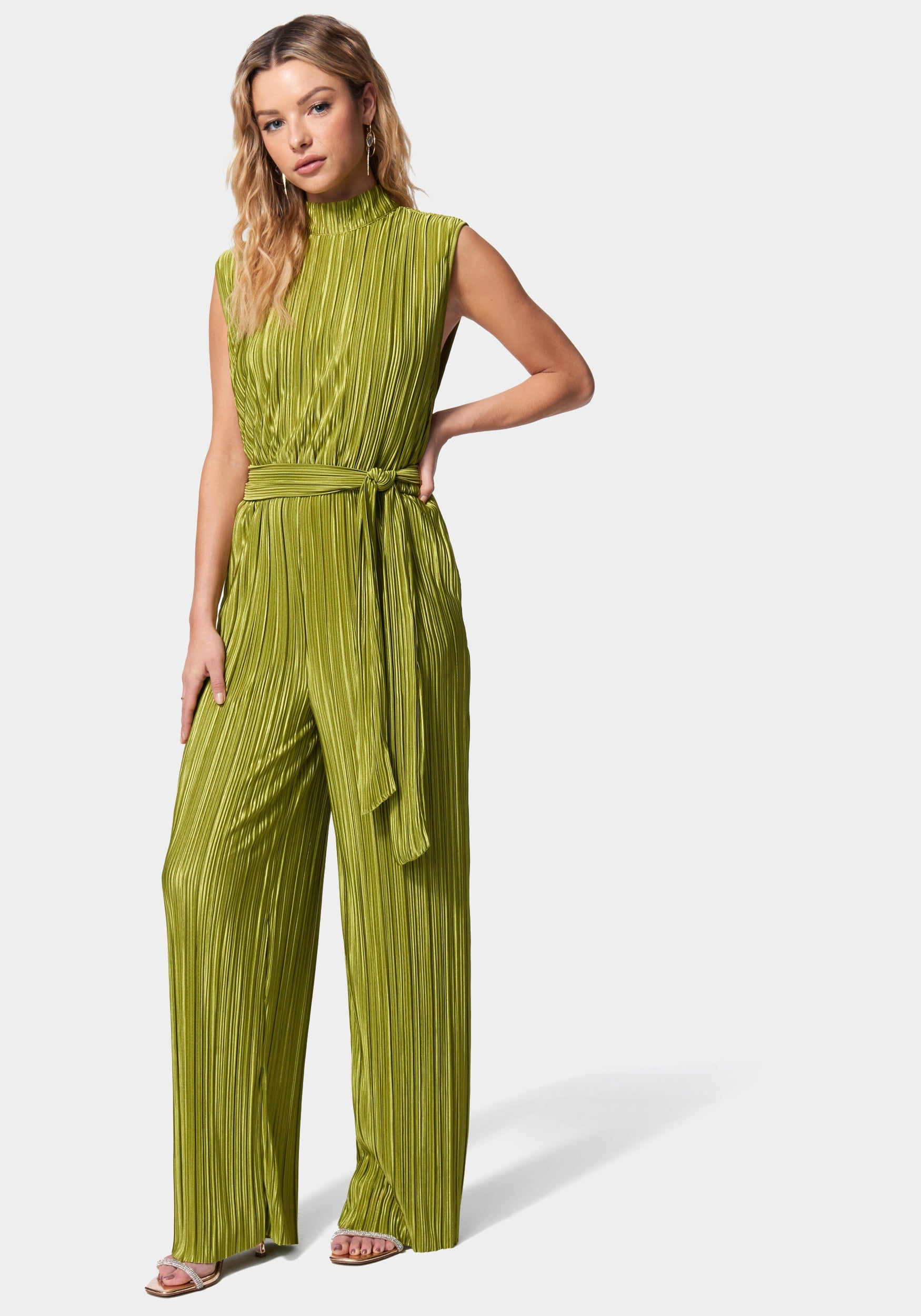 Knit Plisse Mock Neck Jumpsuit | bebe
