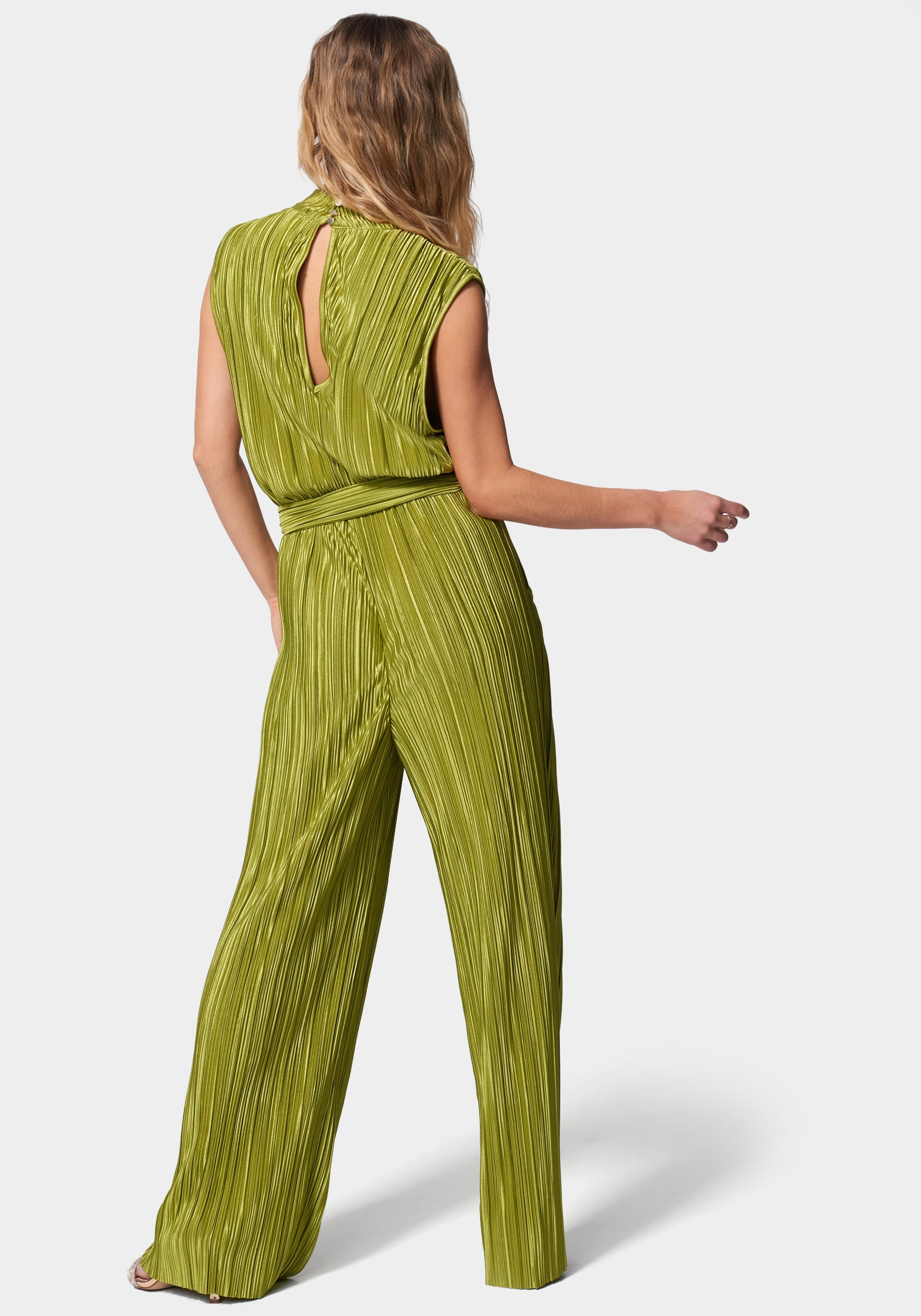 Knit Plisse Mock Neck Jumpsuit | bebe