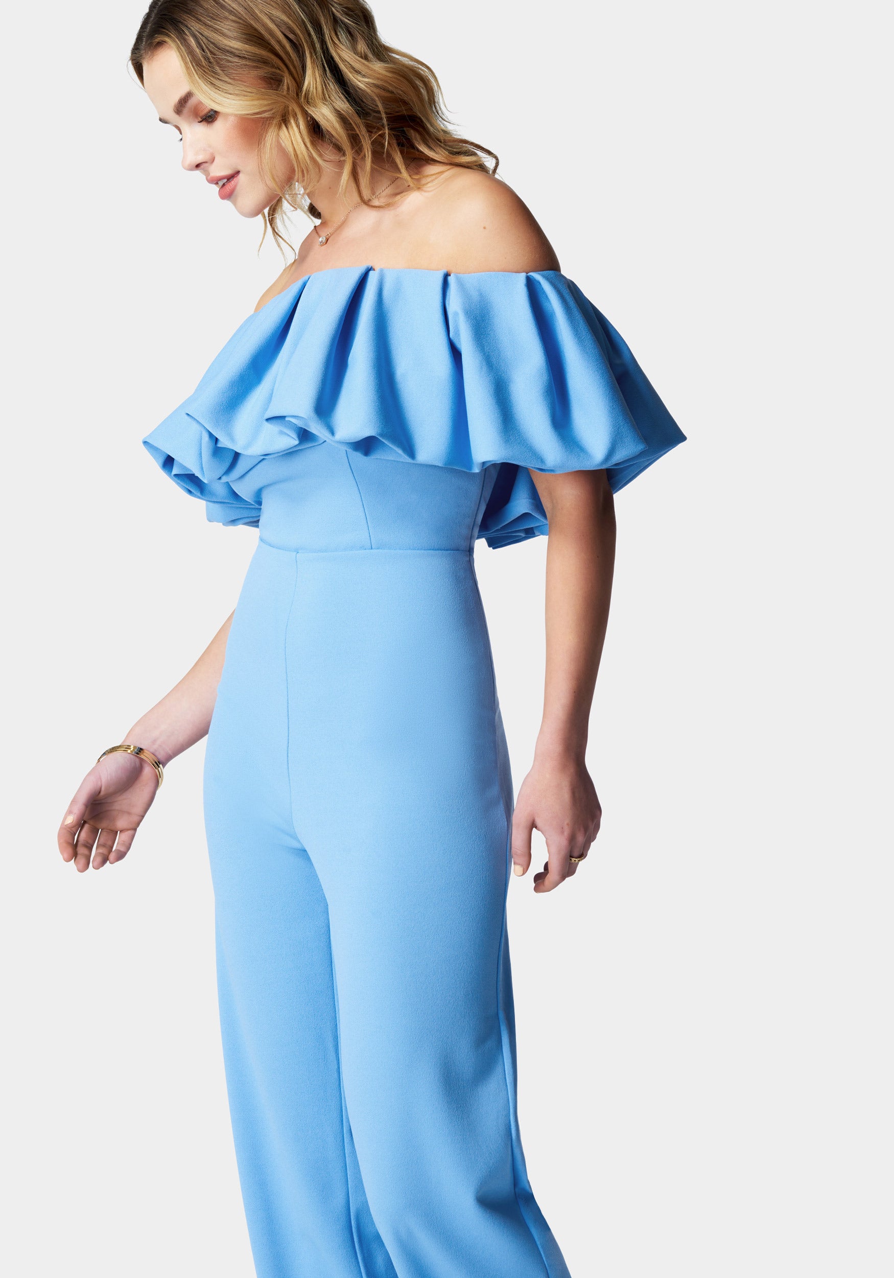 Off Shoulder Ruffle Jumpsuit | bebe