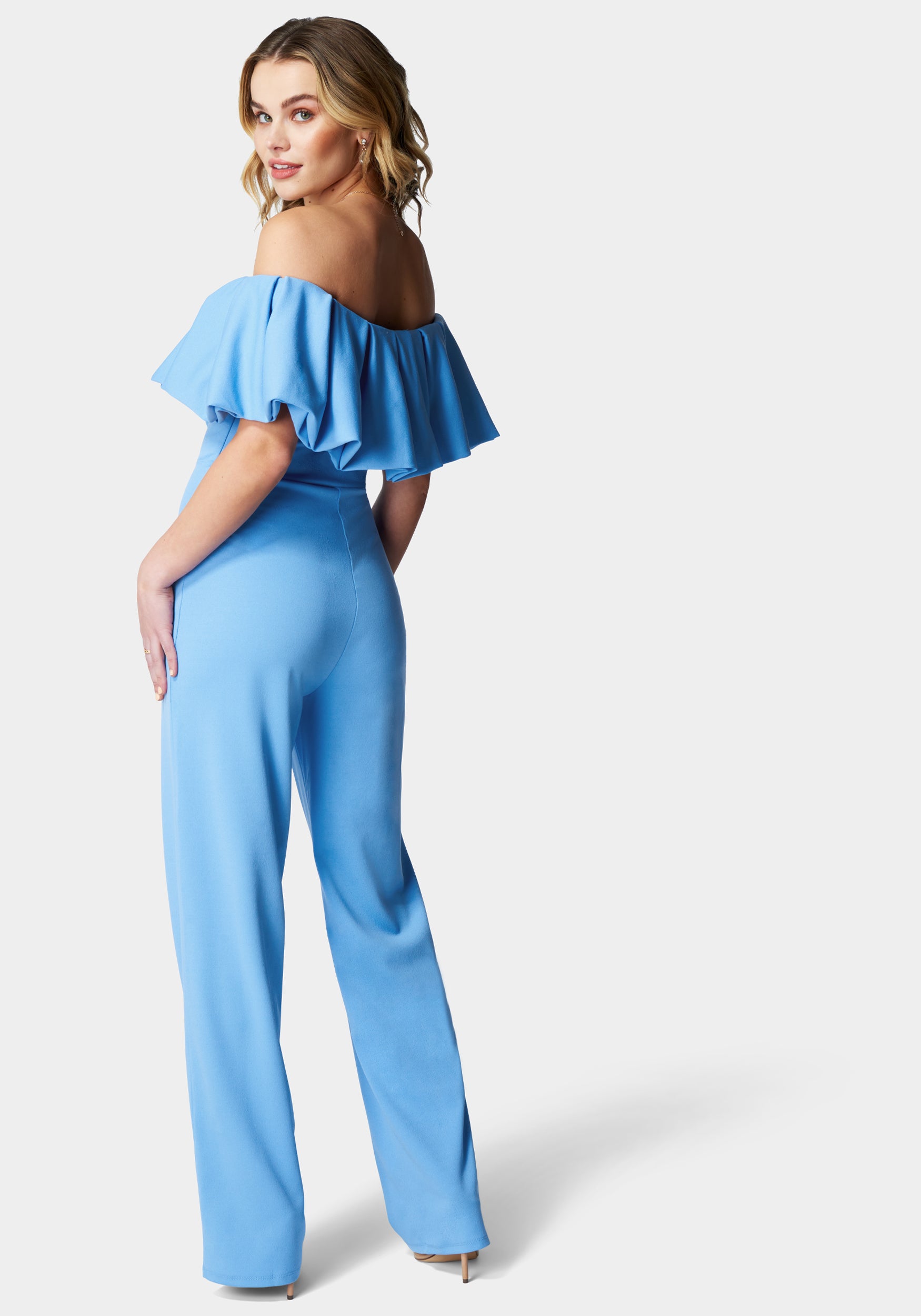 Off Shoulder Ruffle Jumpsuit | bebe