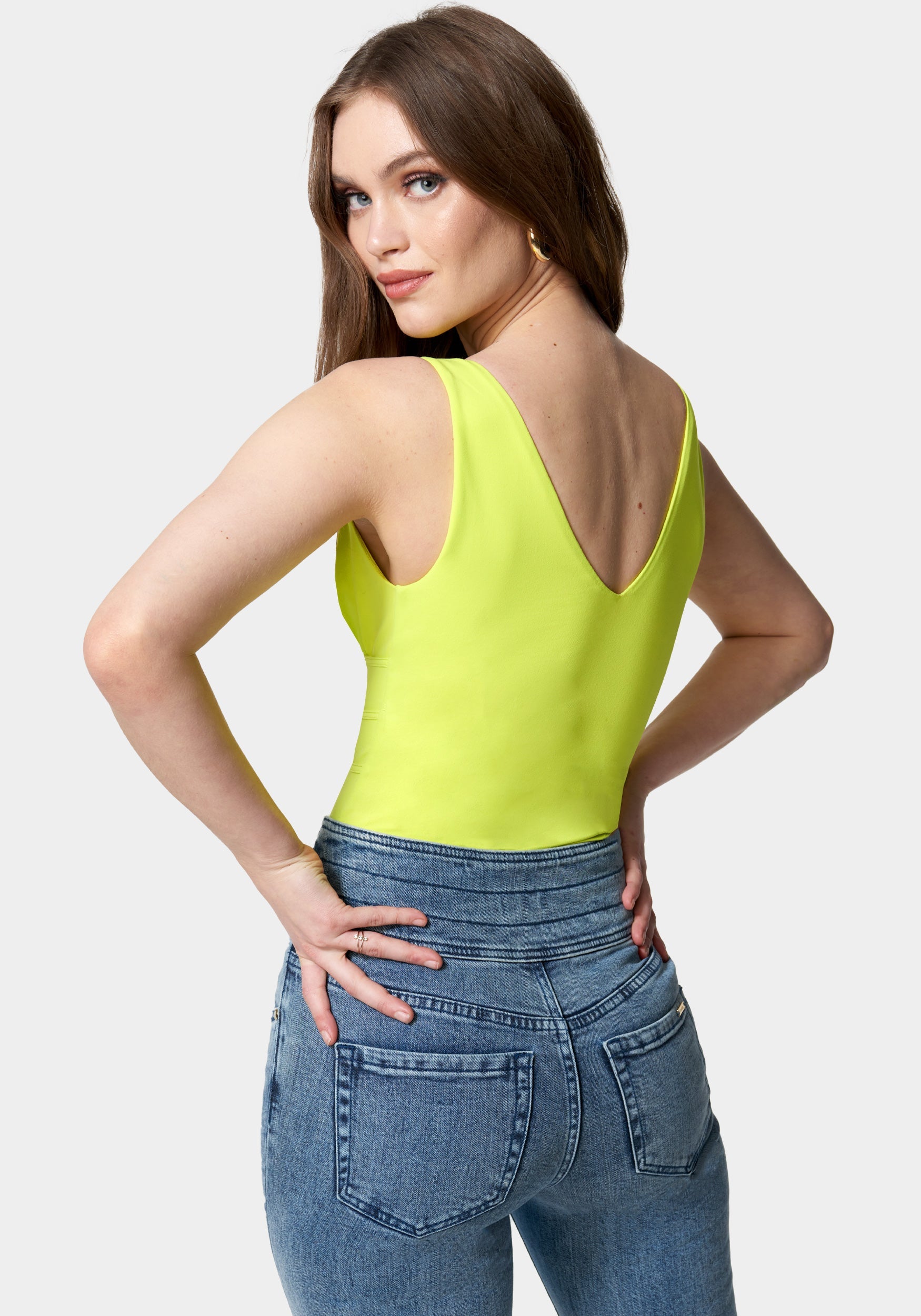 Sleeveless Ruched Deep V Knit Bodysuit | bebe