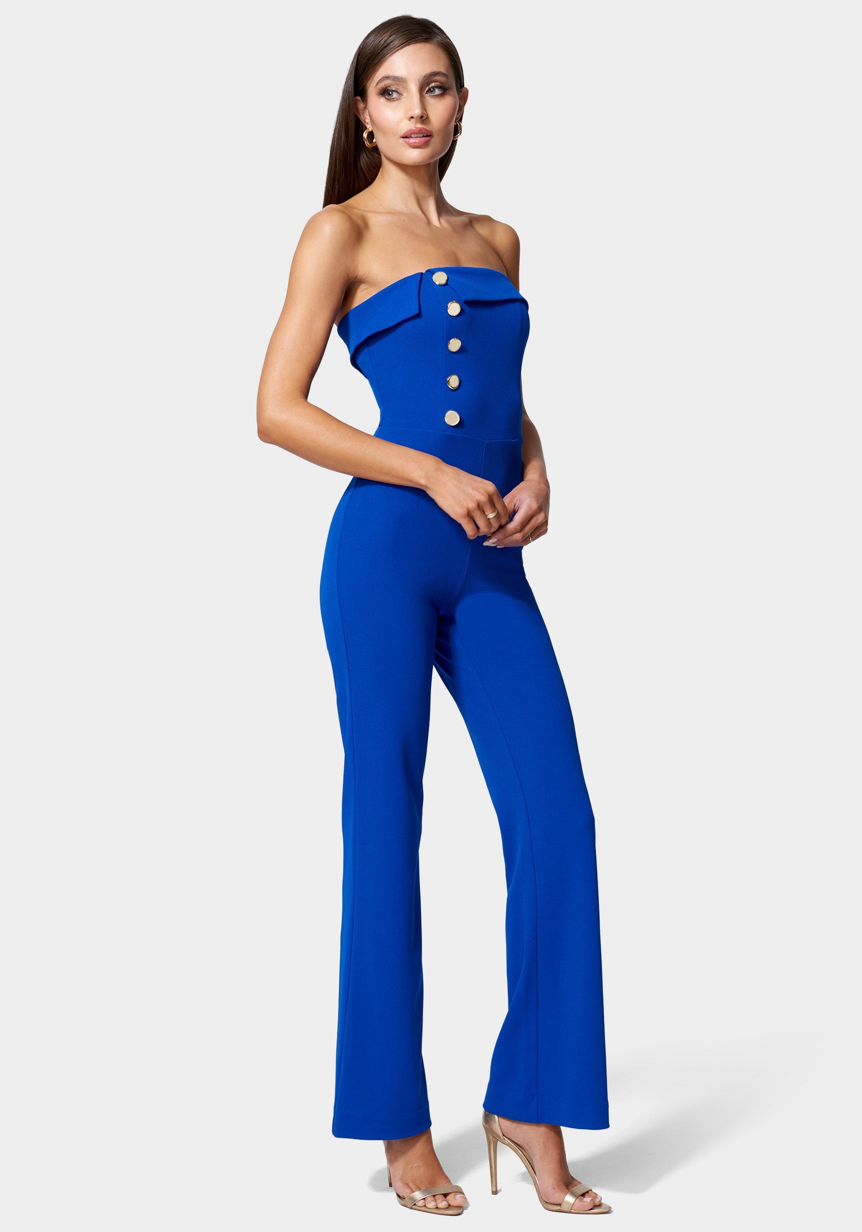 Knit Crepe Strapless Button Detail Wide Leg Jumpsuit | bebe