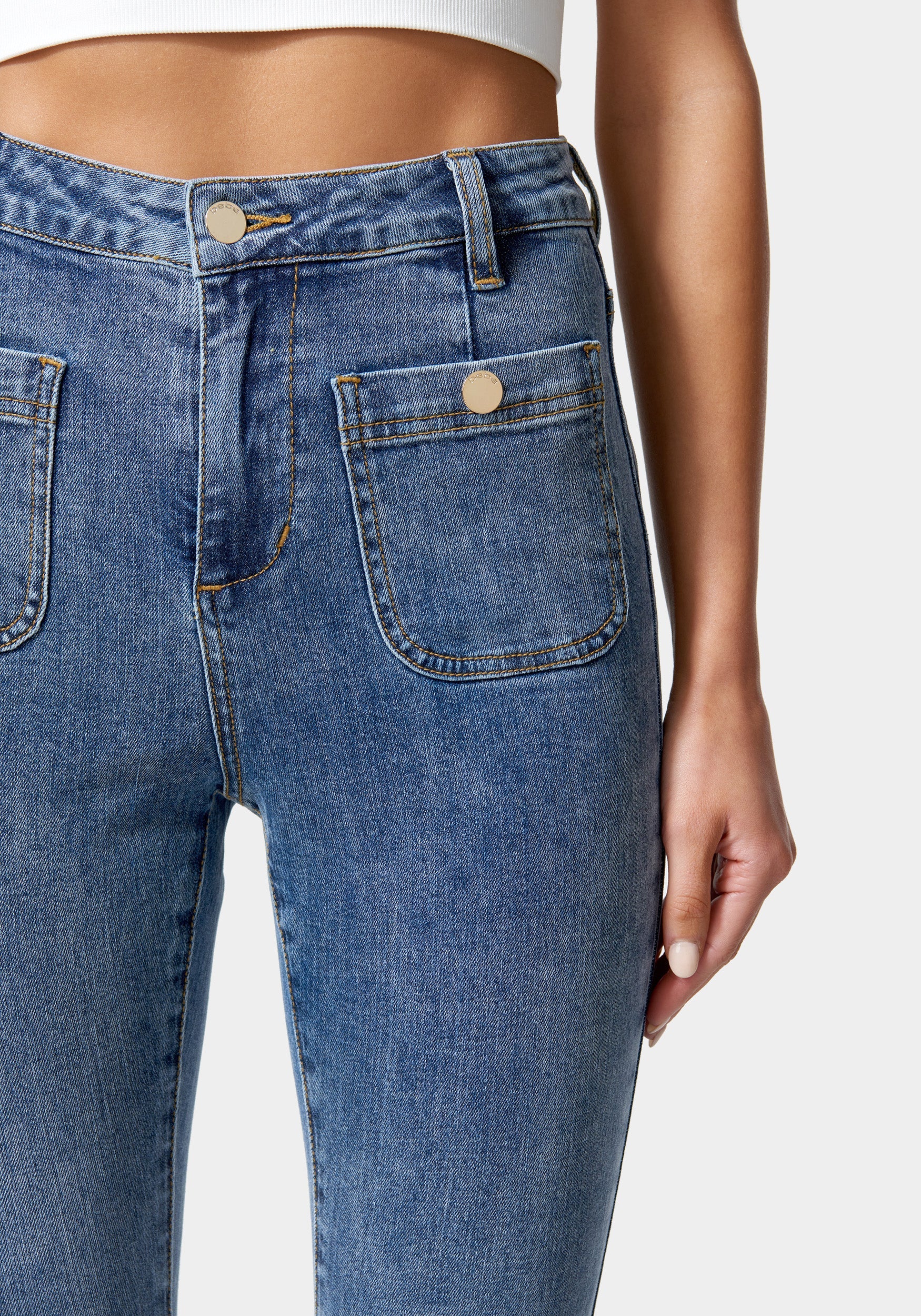 High Waist Patch Pocket Skinny Leg Jeans | bebe