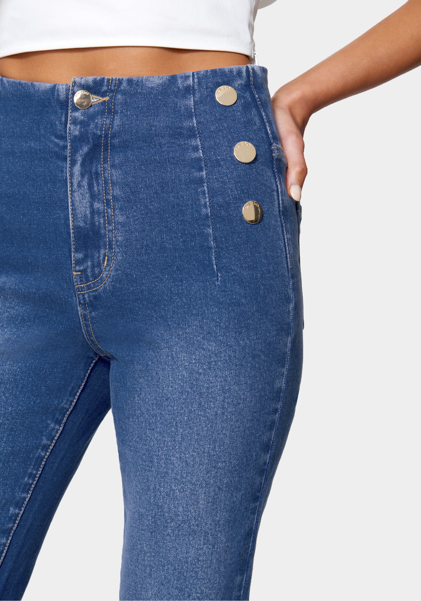 High Waist Button Detail Wide Leg Jeans | bebe