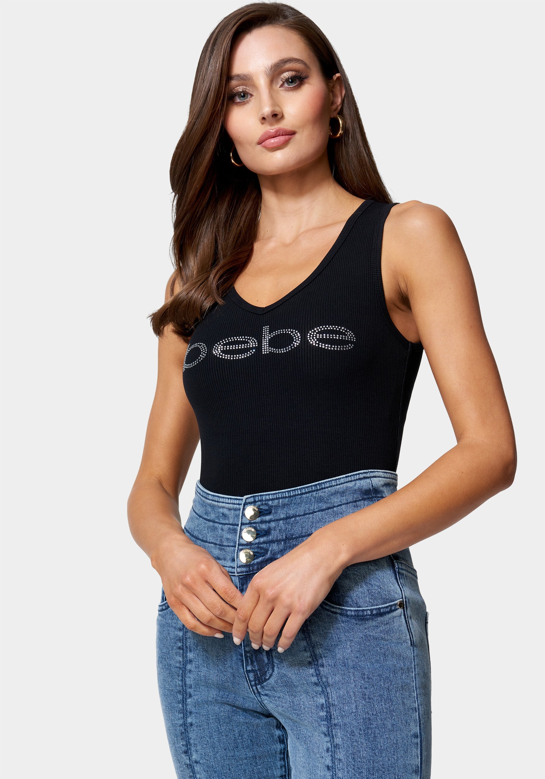 Bebe Logo V-Neck Rib Tank Top | bebe