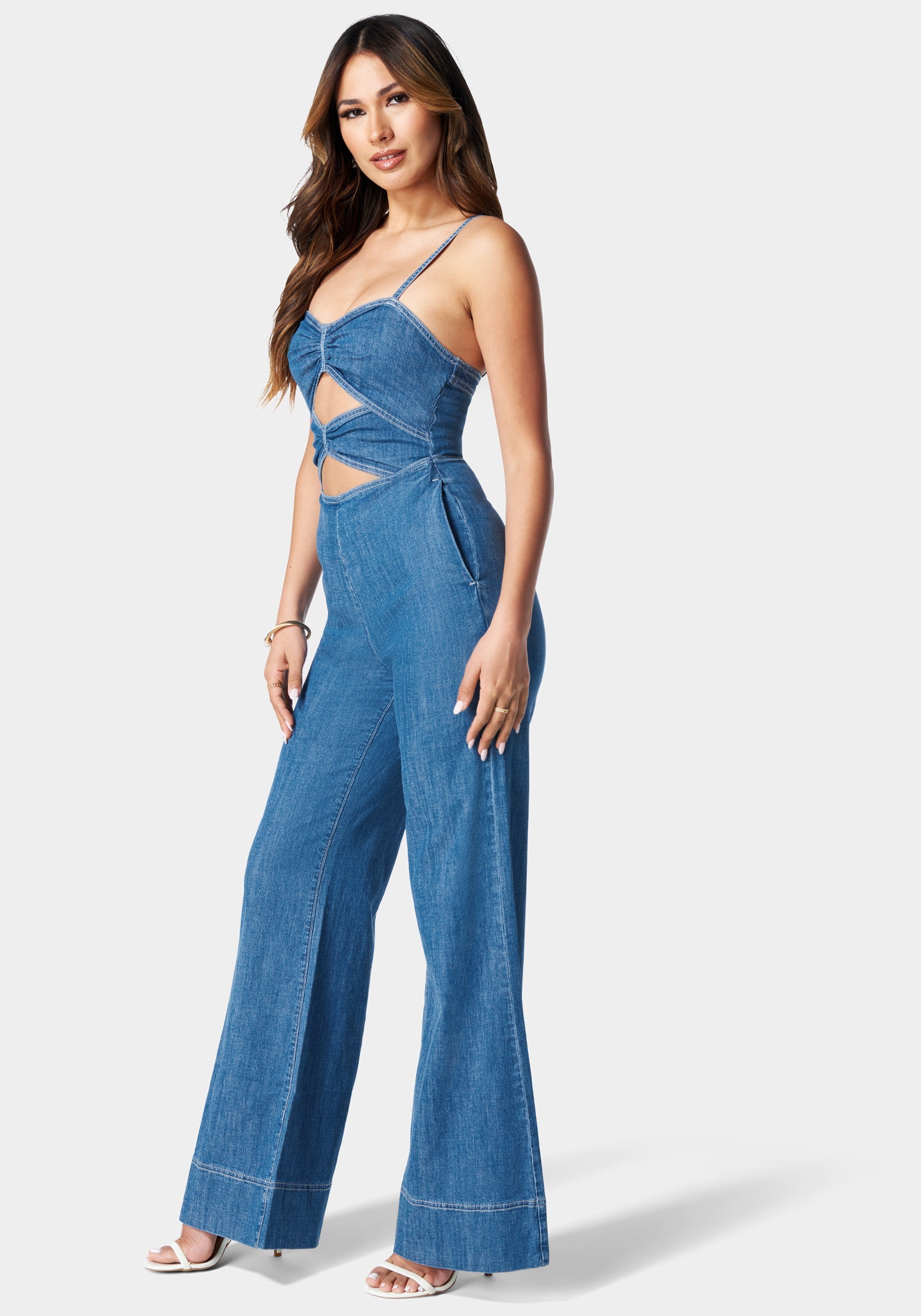 Double Ruched Front Band Palazzo Denim Jumpsuit | bebe